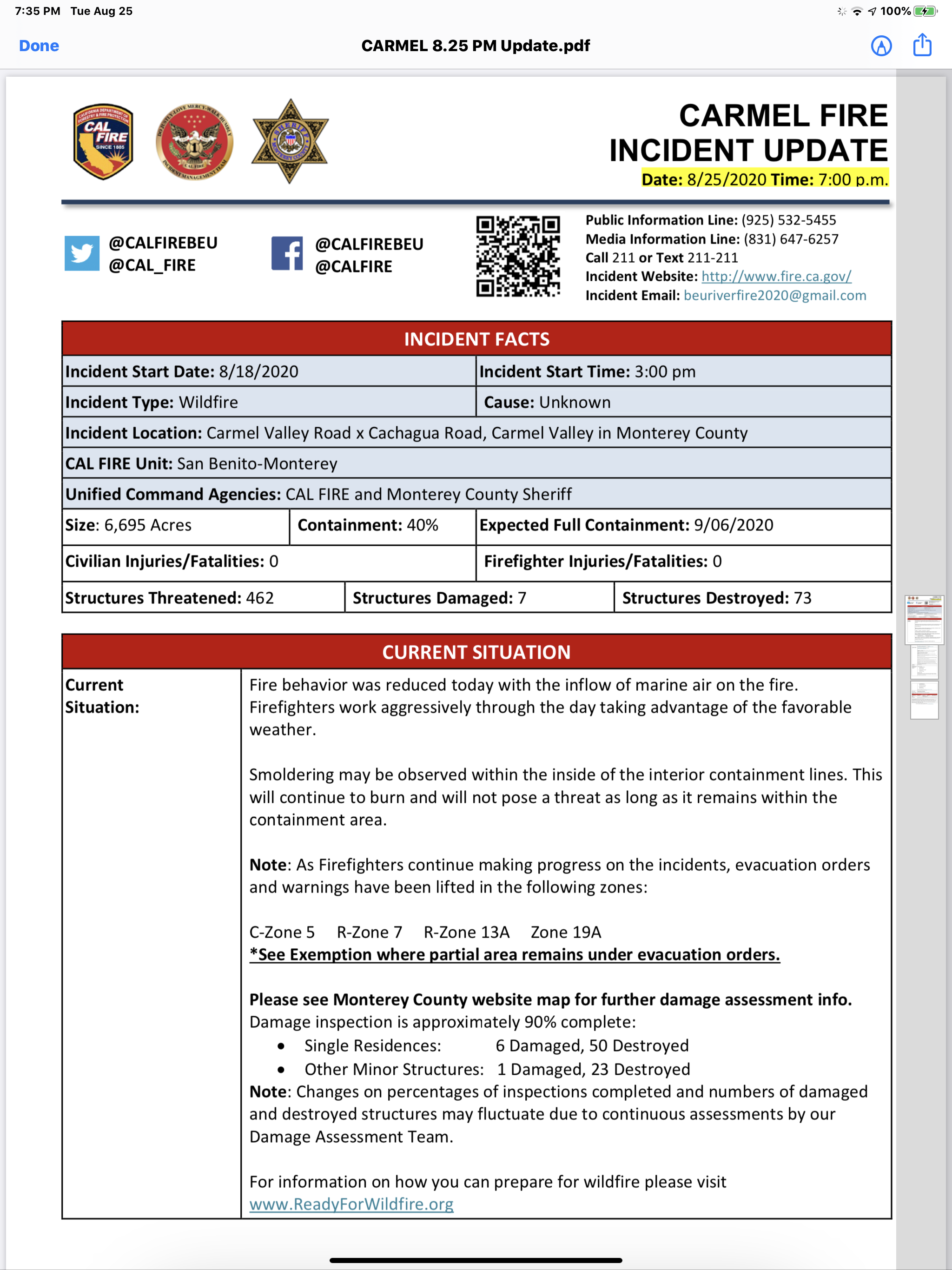 Carmel/River Fires, Tuesday, 8/25/20, Evacuation Order for Zones 1a, 2a ...