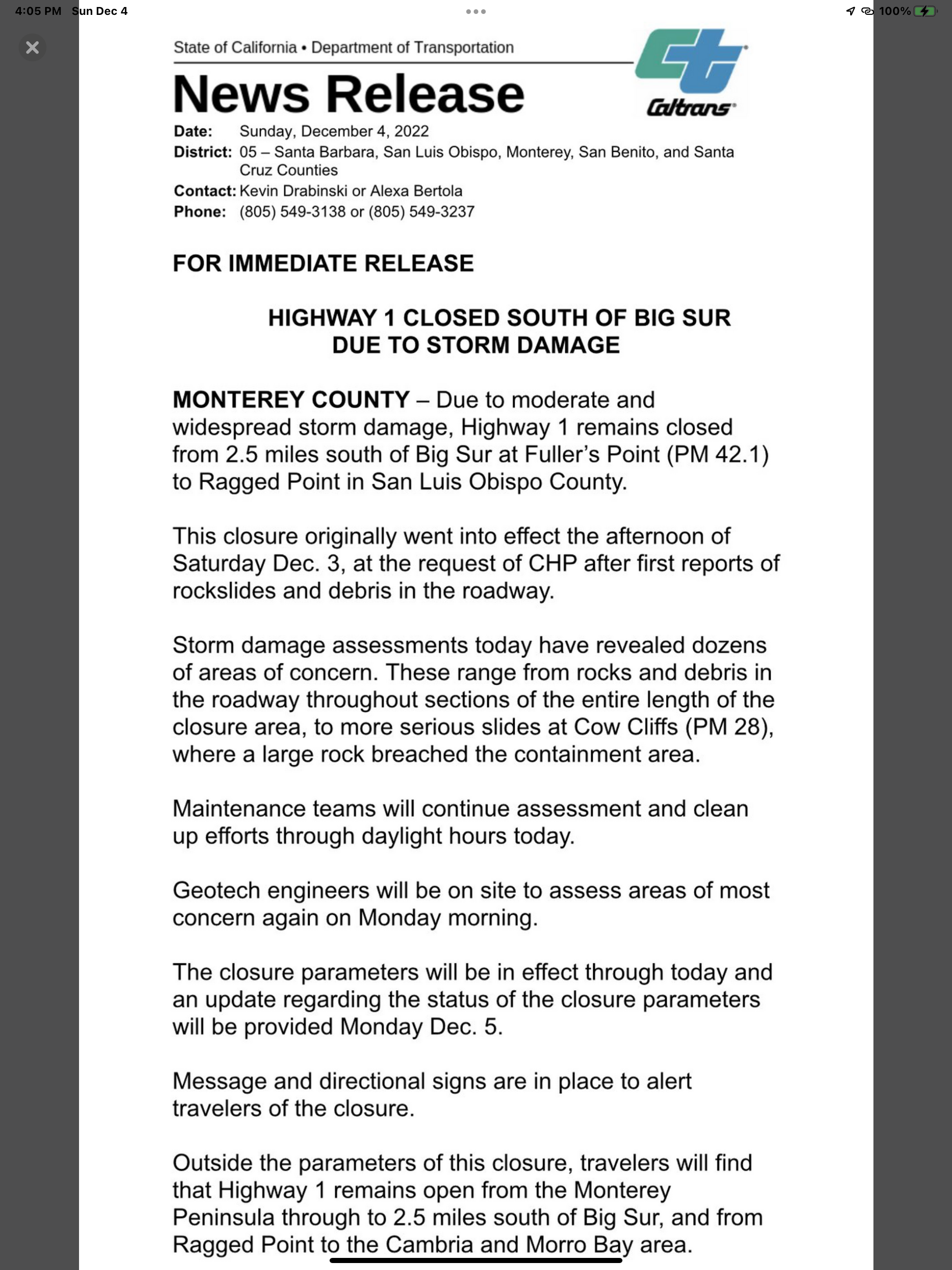 Caltrans Highway 1 closure update – BigSurKate
